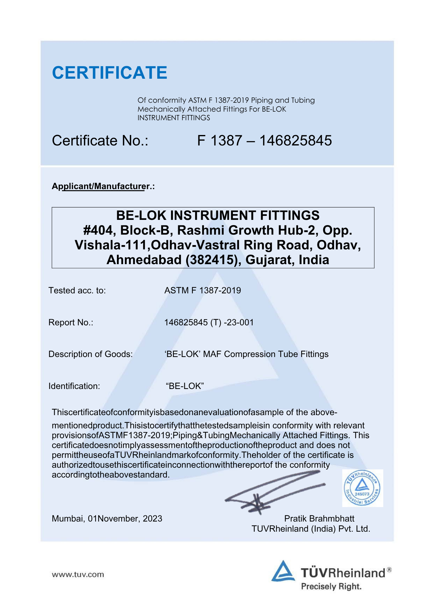 Certificate – Be-Lok Instrument Fittings